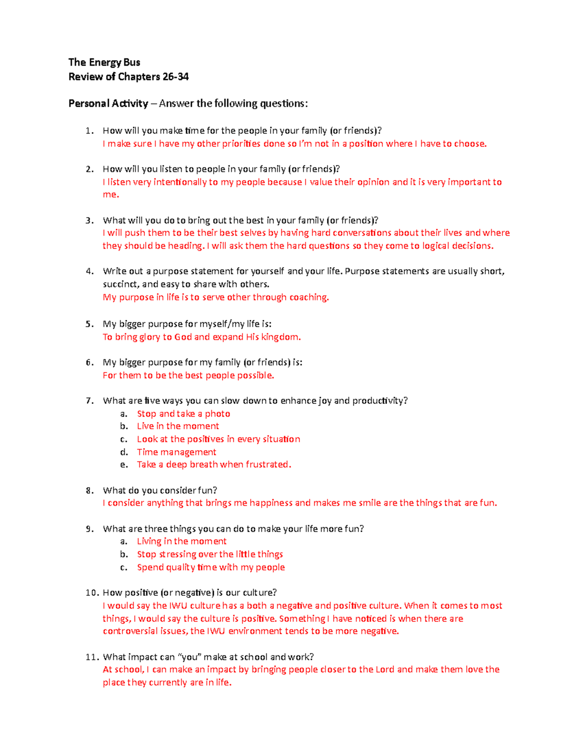 The Energy Bus Questionnaire Chapters 26-34 - The Energy Bus Review of ...