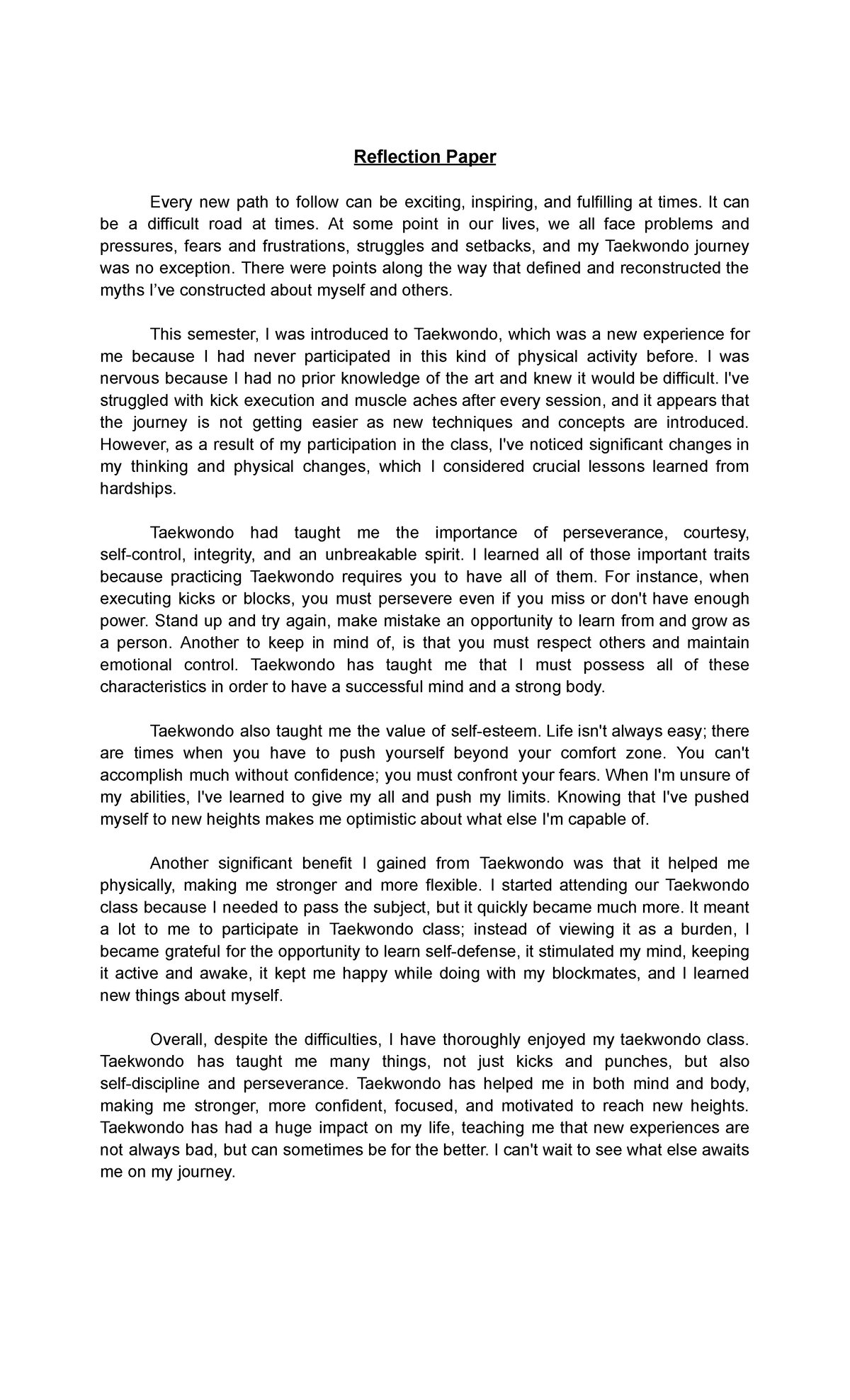 Taekwondo Reflection Paper - Reflection Paper Every new path to follow ...