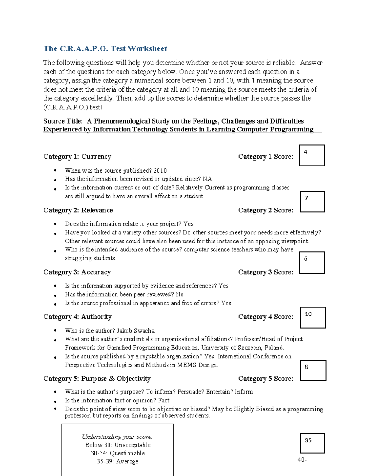 Craapotest Olipas Resource Example - The C.R.A.A.P. Test Worksheet The ...
