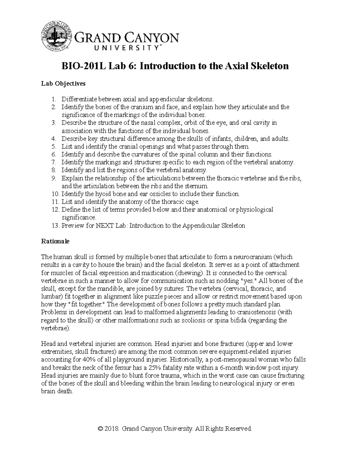 BIO-201L - Lab 6 Introduction To Axial Skeleton - BIO-201L Lab 6: Introduction to the Axial ...
