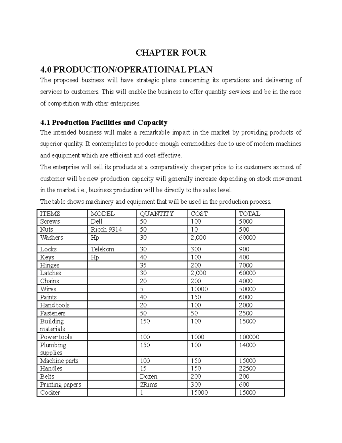 . Chapter FOUR - CHAPTER FOUR 4 PRODUCTION/OPERATIOINAL PLAN The ...