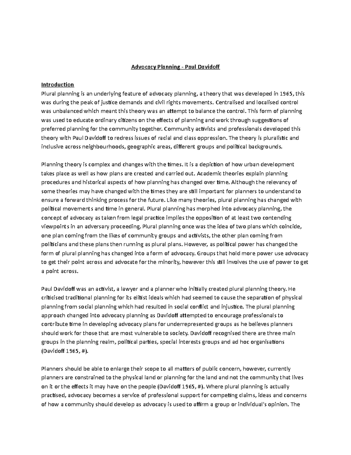 Essay 401 - Advocacy Planning - Advocacy Planning - Paul Davidof ...