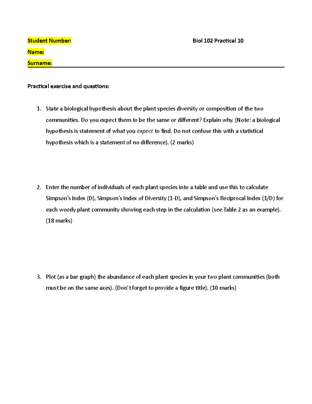 Practical 10 Answer Sheet - Student Number: Biol 102 Practical 10 Name ...