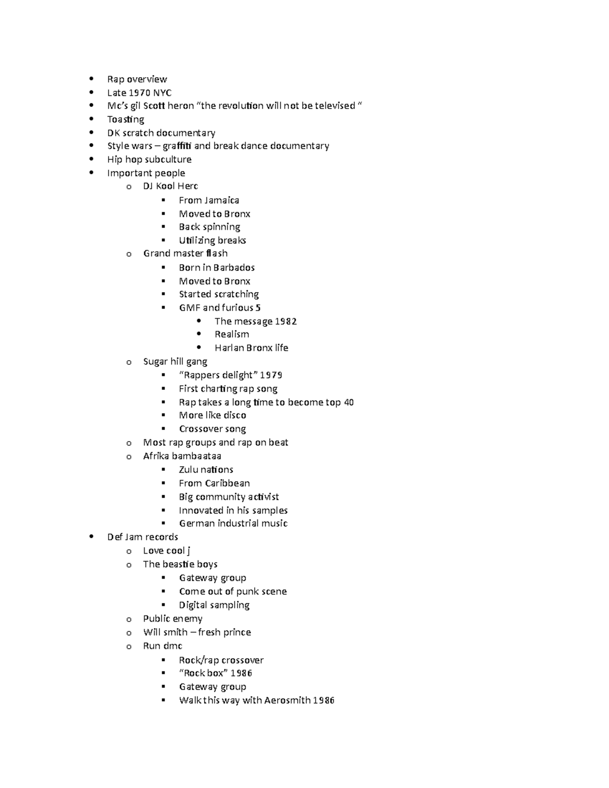 MUCO120 12011 7 - Lecture notes 12/1 - Rap overview Late 1970 NYC Mc’s ...