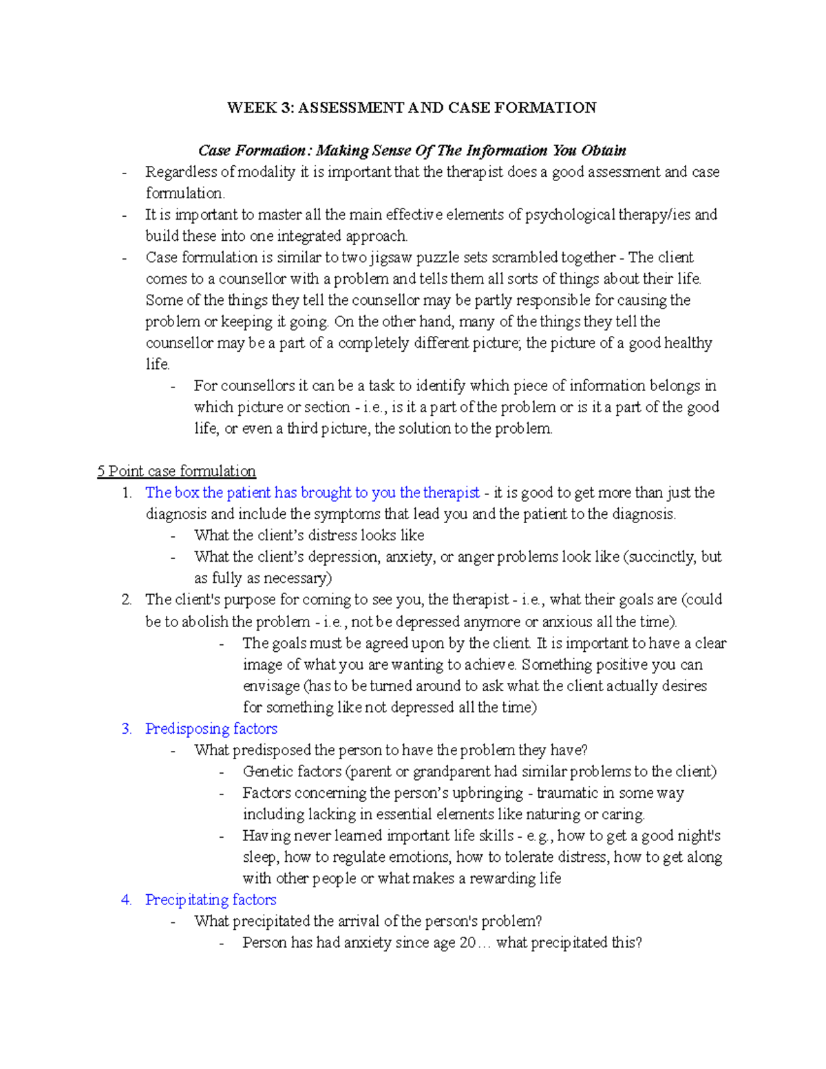 COU200 Week 3 Assessment and Case Formulation Tutorial Notes - WEEK 3 ...