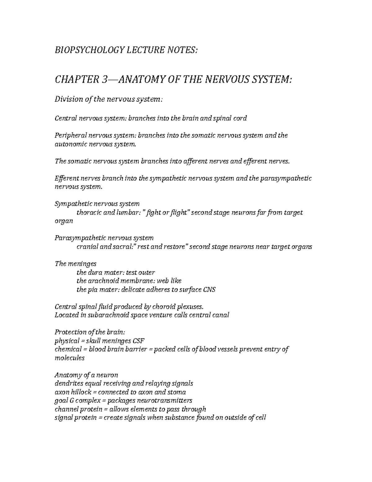 Lecture notes, lecture All - BIOPSYCHOLOGY LECTURE NOTES: CHAPTER 3 ...