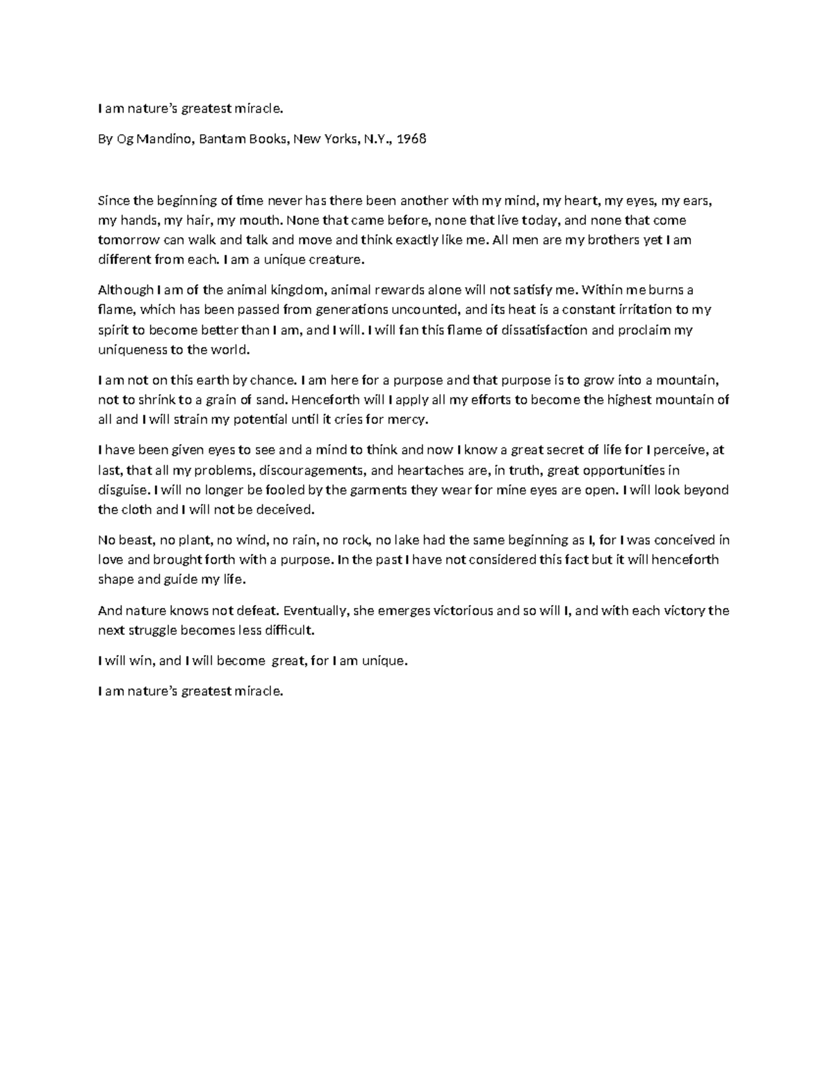 I-am-nature - pib speak - I am nature’s greatest miracle. By Og Mandino ...