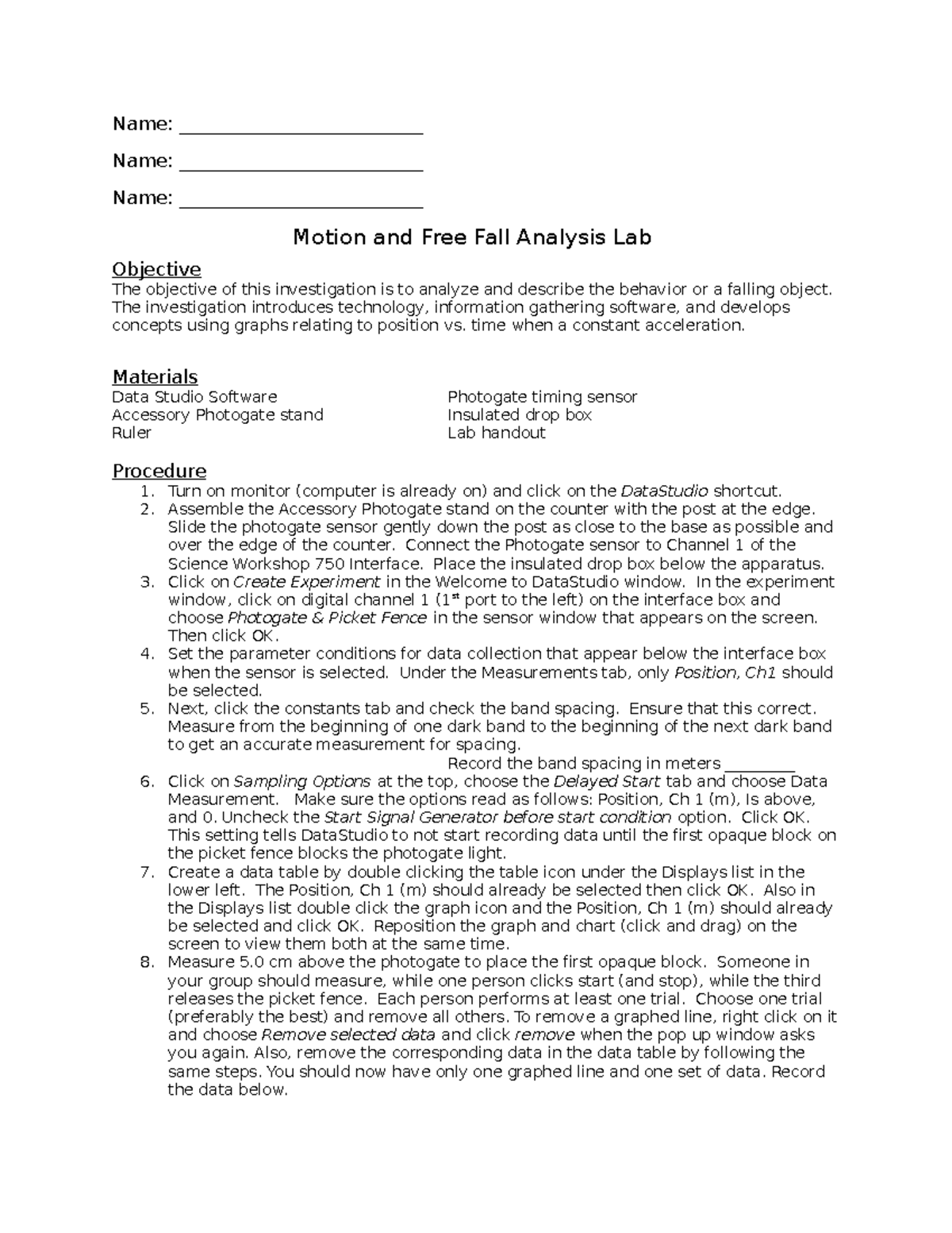 Free Fall - Lab 3 - Free Fall Lab - Designed for students investigation ...