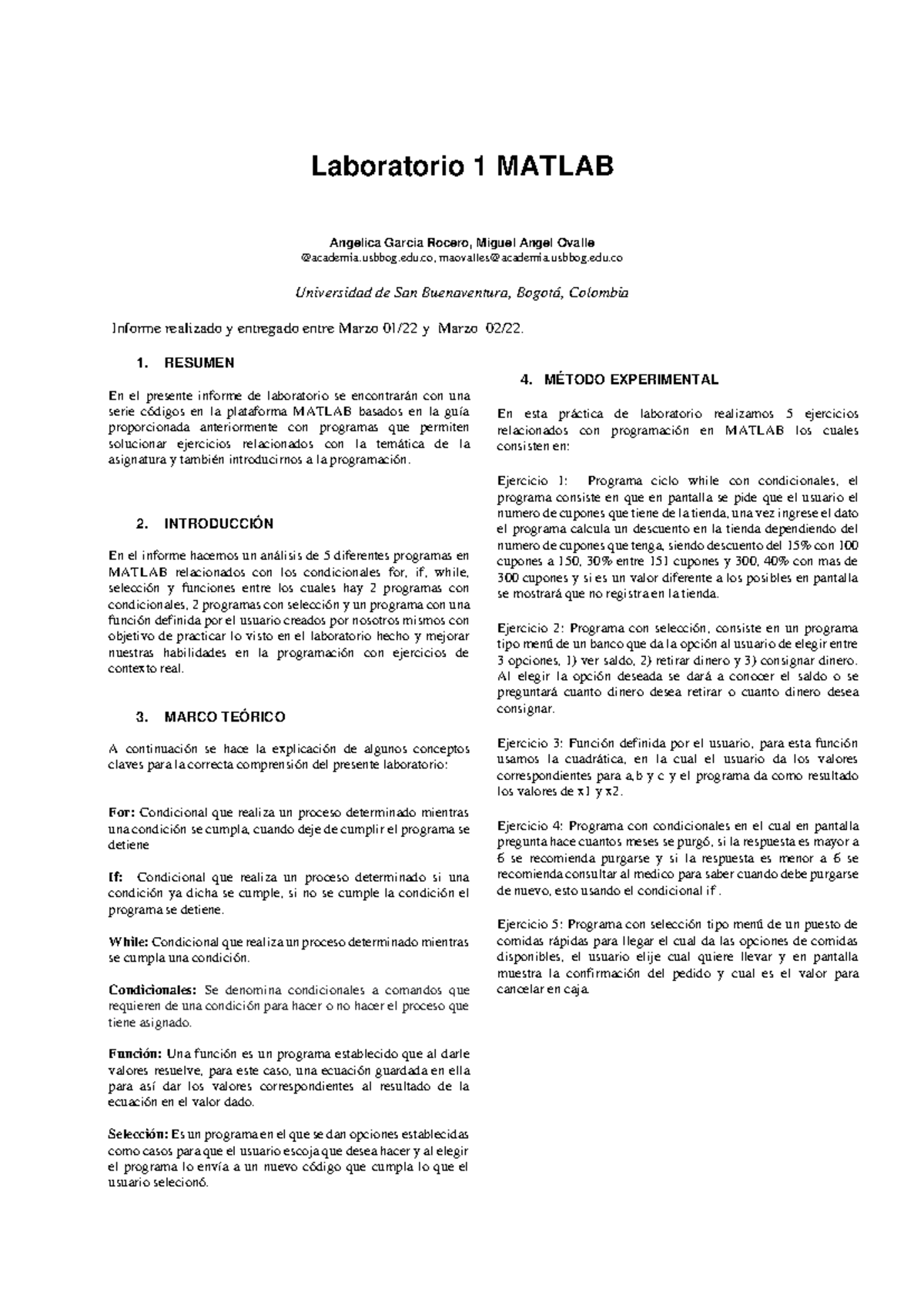 Métodos numéricos Laboratorio I - Laboratorio 1 MATLAB Angelica Garcia Rocero, Miguel Angel ...