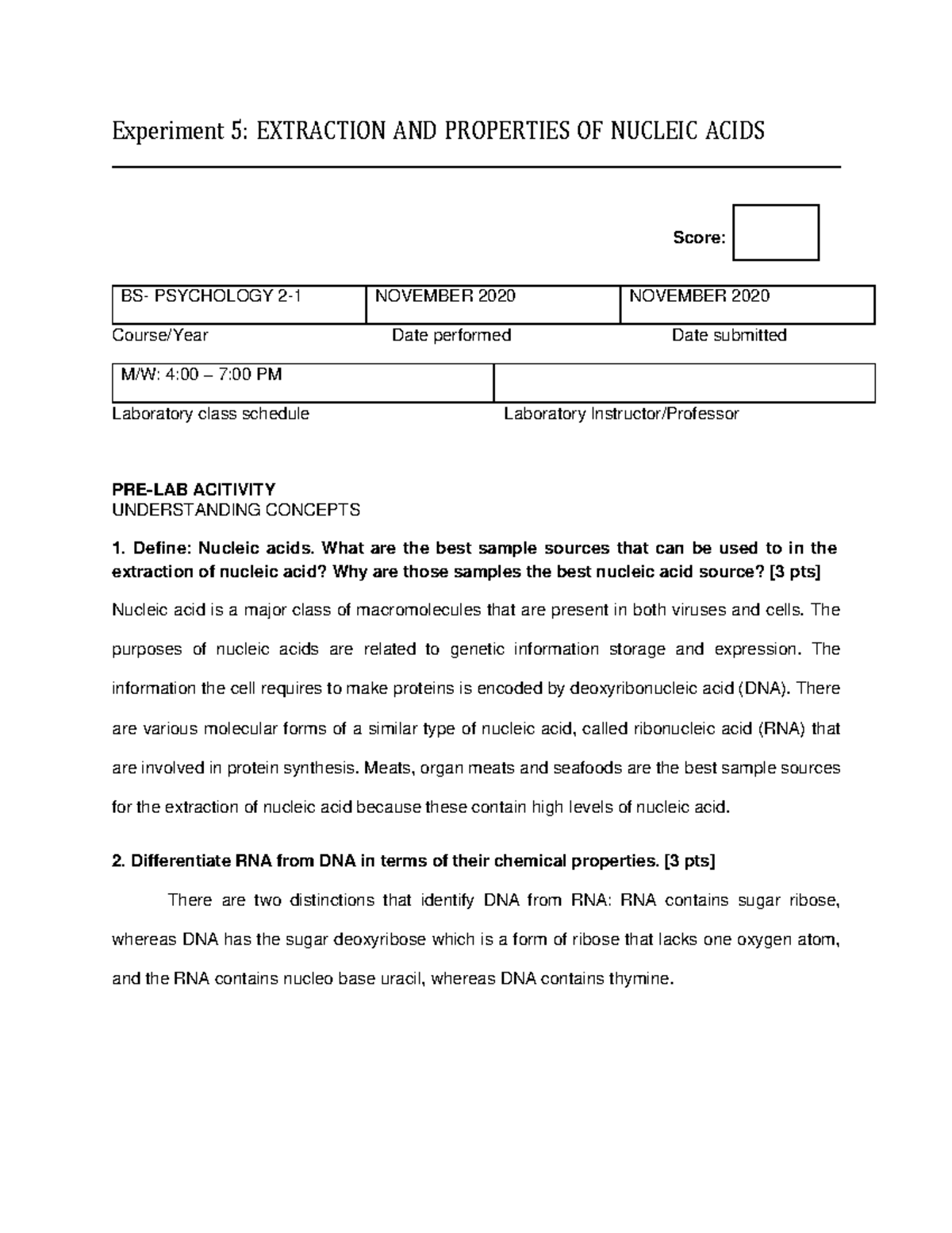 Nucleic Acid Pre-Lab Activity (Individual) - Experiment 5: EXTRACTION ...