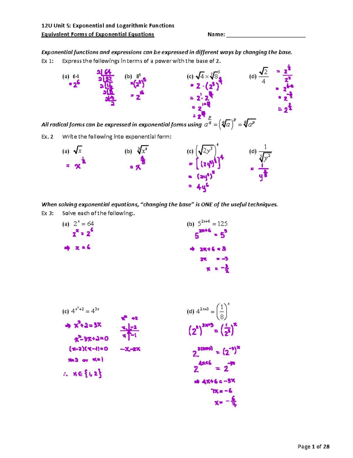 Unit 5 Exp and Log Notes Solution - Page 1 of 28 12 U Unit 5 ...