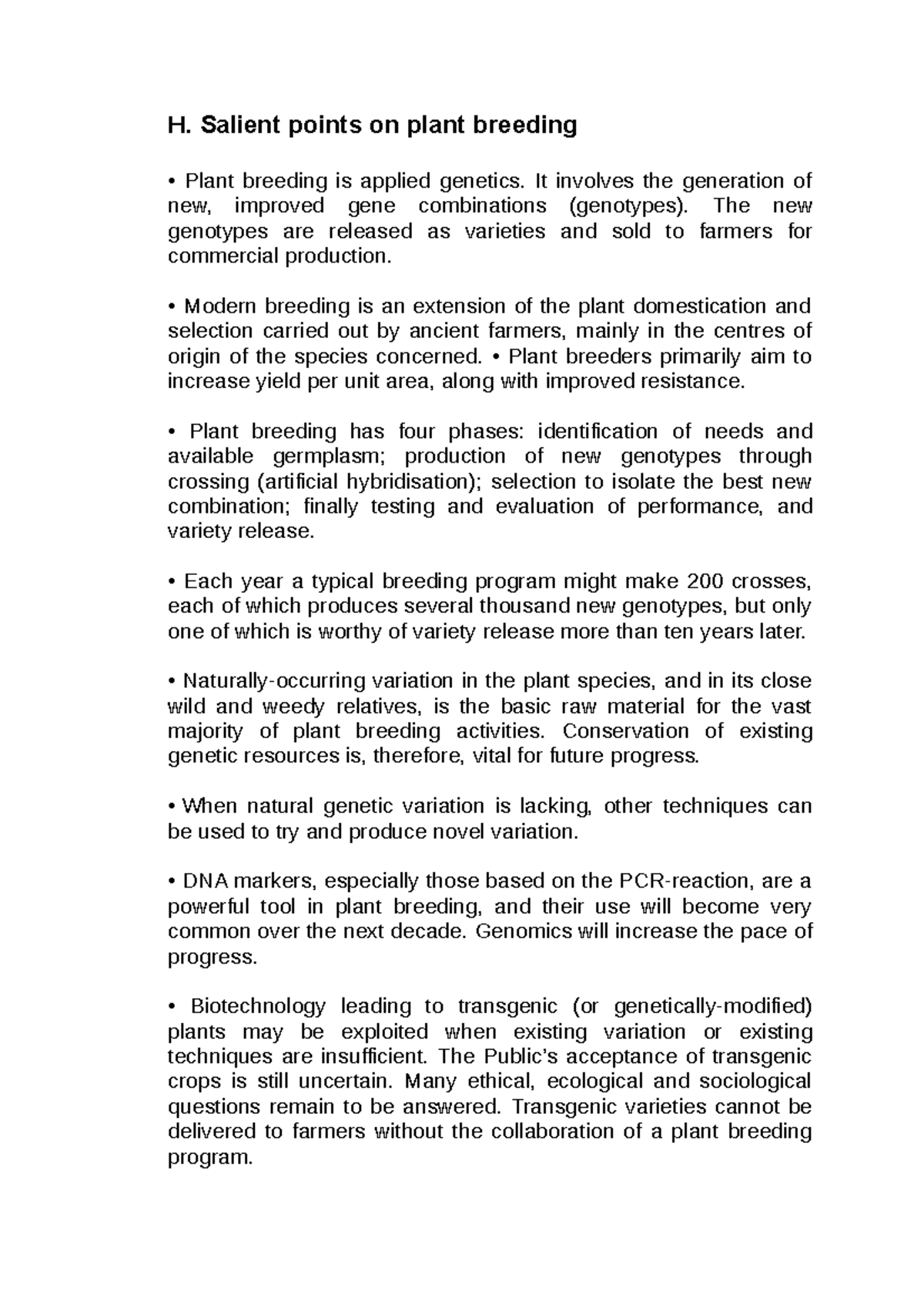 Salient points on plant breeding - H. Salient points on plant breeding ...