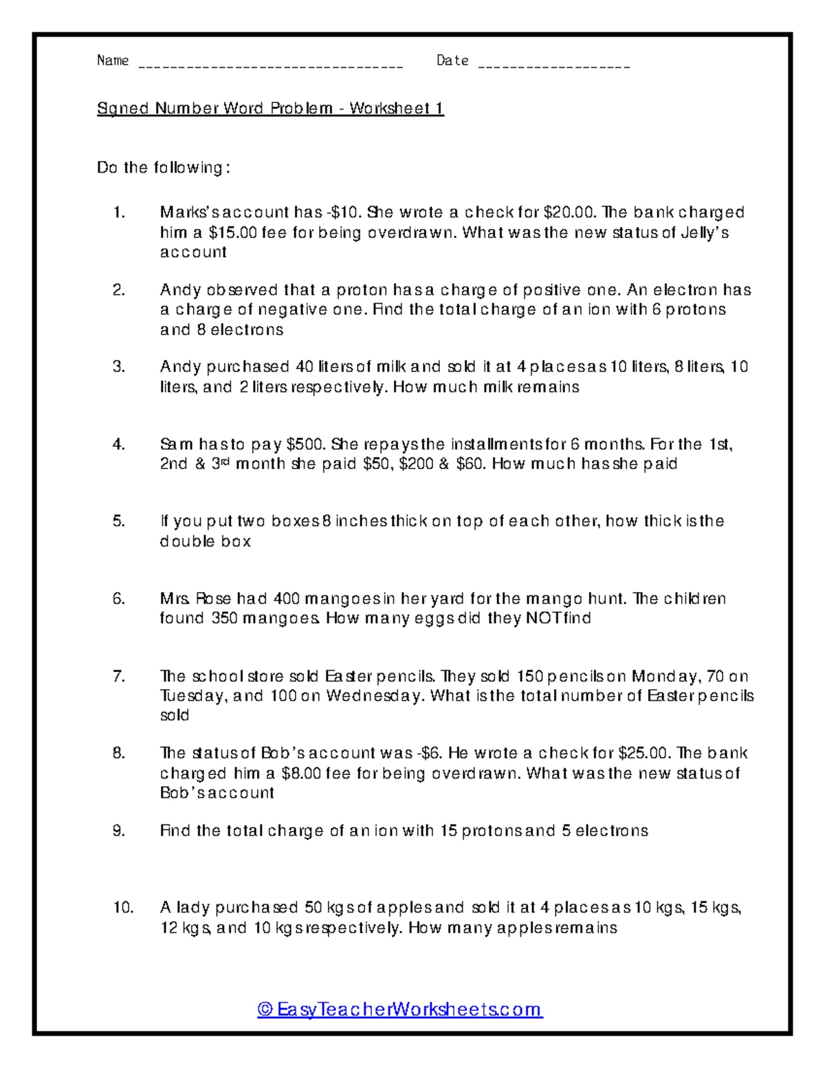 Word problems negative numbers - Name ...
