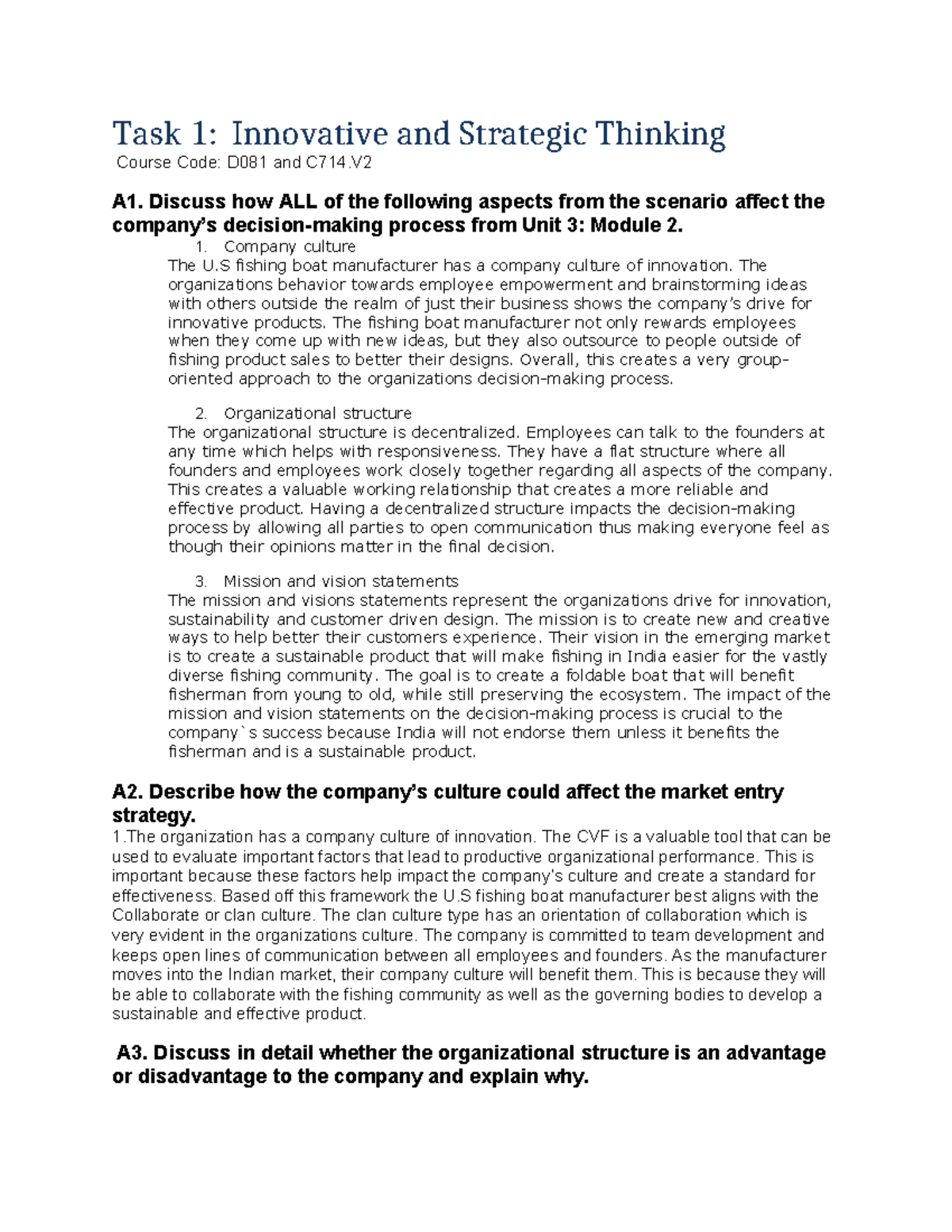 Task One Template - Task 1: Innovative and Strategic Thinking Course ...