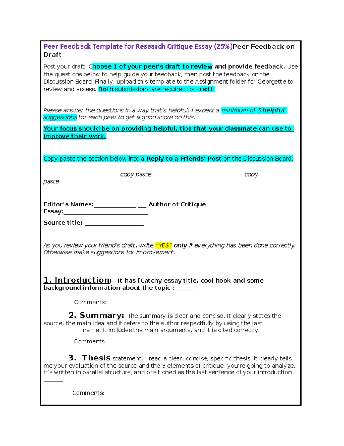 Peer Feedback Template for Research Critique Essay 1 - C hoose 1 of ...