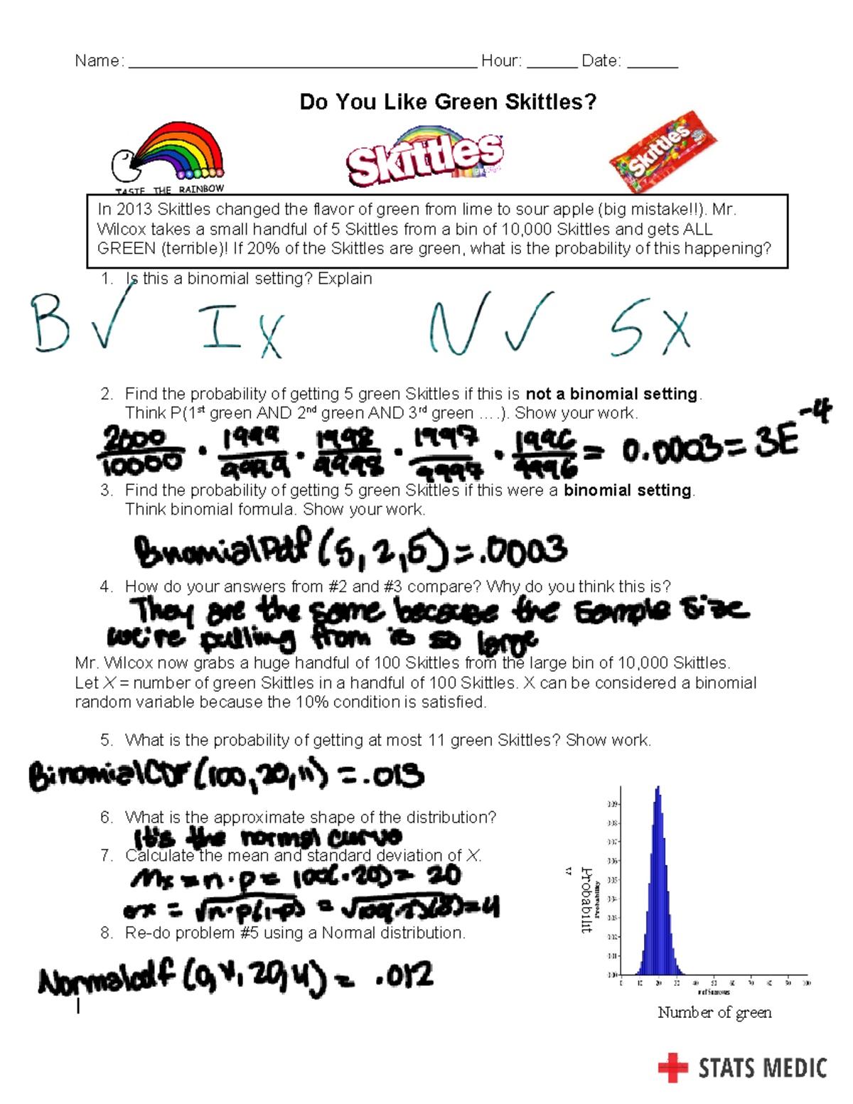 Day 7 Green Skittles copy - y Probabilit Name: Hour: Date: Do You Like ...