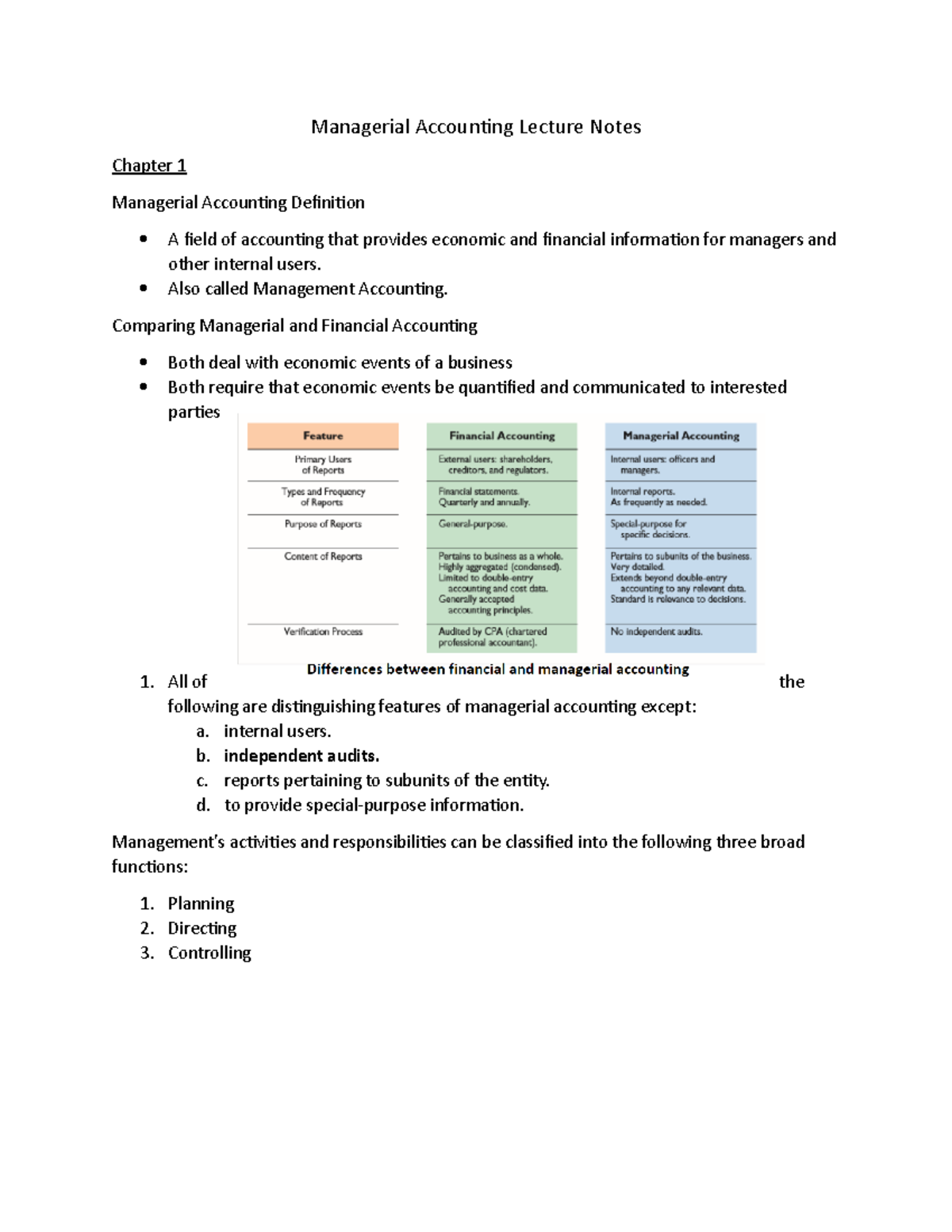 Chapter 1 Notes - Managerial Accouning Lecture Notes Chapter 1 ...