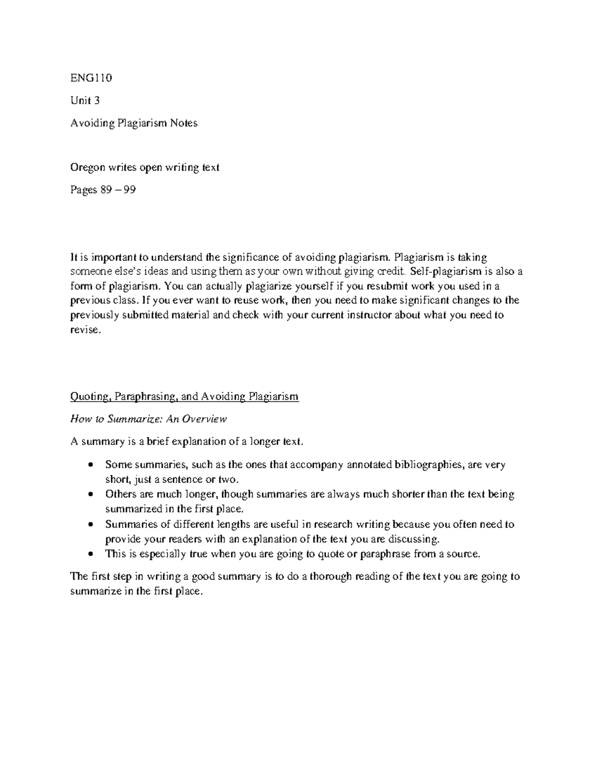 ENG110 Unit 3 Avoiding Plagarism Notes - ENG Unit 3 Avoiding Plagiarism ...