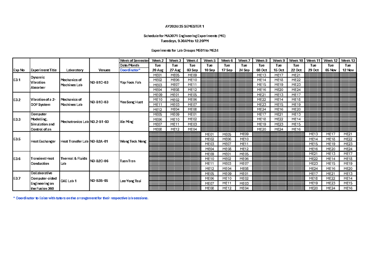 MA3071 Lab Schedule AY2024-25 S1 - Week of Semester Week 2 Week 3 Week ...
