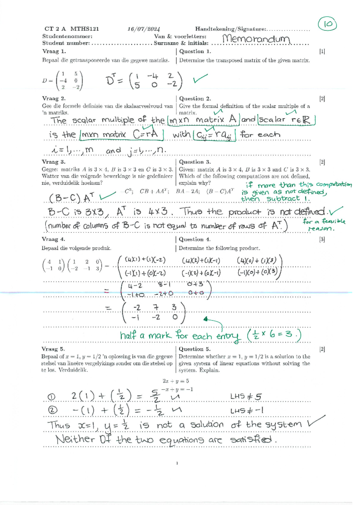 MTHS121 Tut Test 2 2024 Memo - 10 CT2A MTHS121 Studentenommer: Van ...