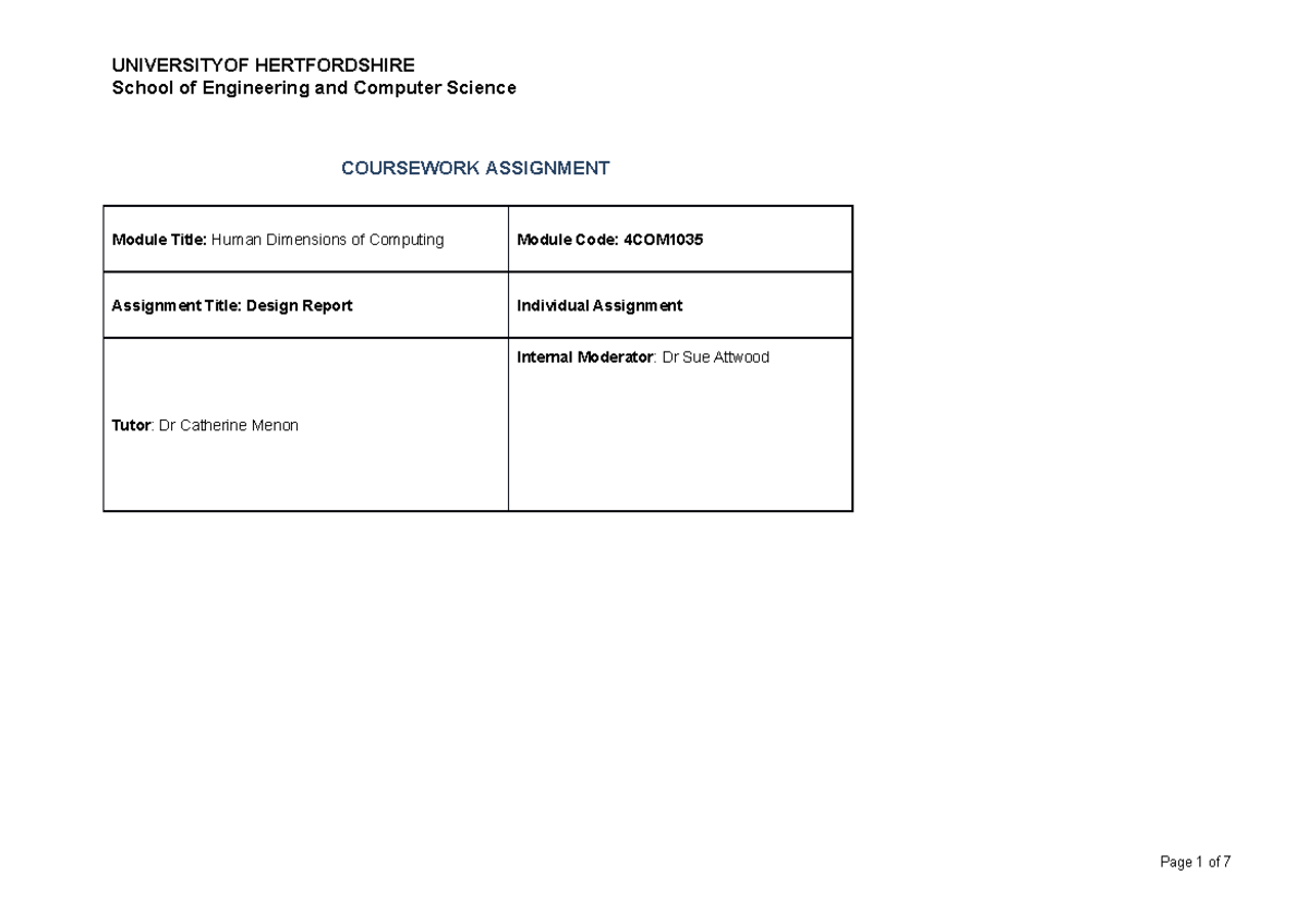 A1 - design report - Assignment 1 specification with mark scheme to answer from - School of ...