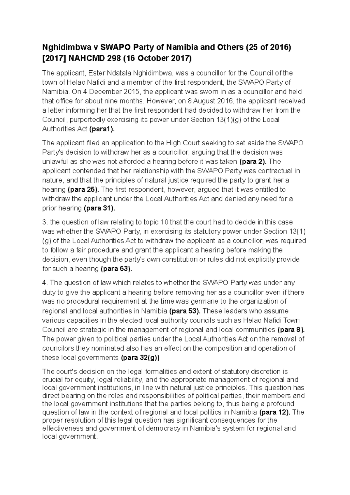 Topic 10 workshop - Summary Constitutional law - Nghidimbwa v SWAPO ...