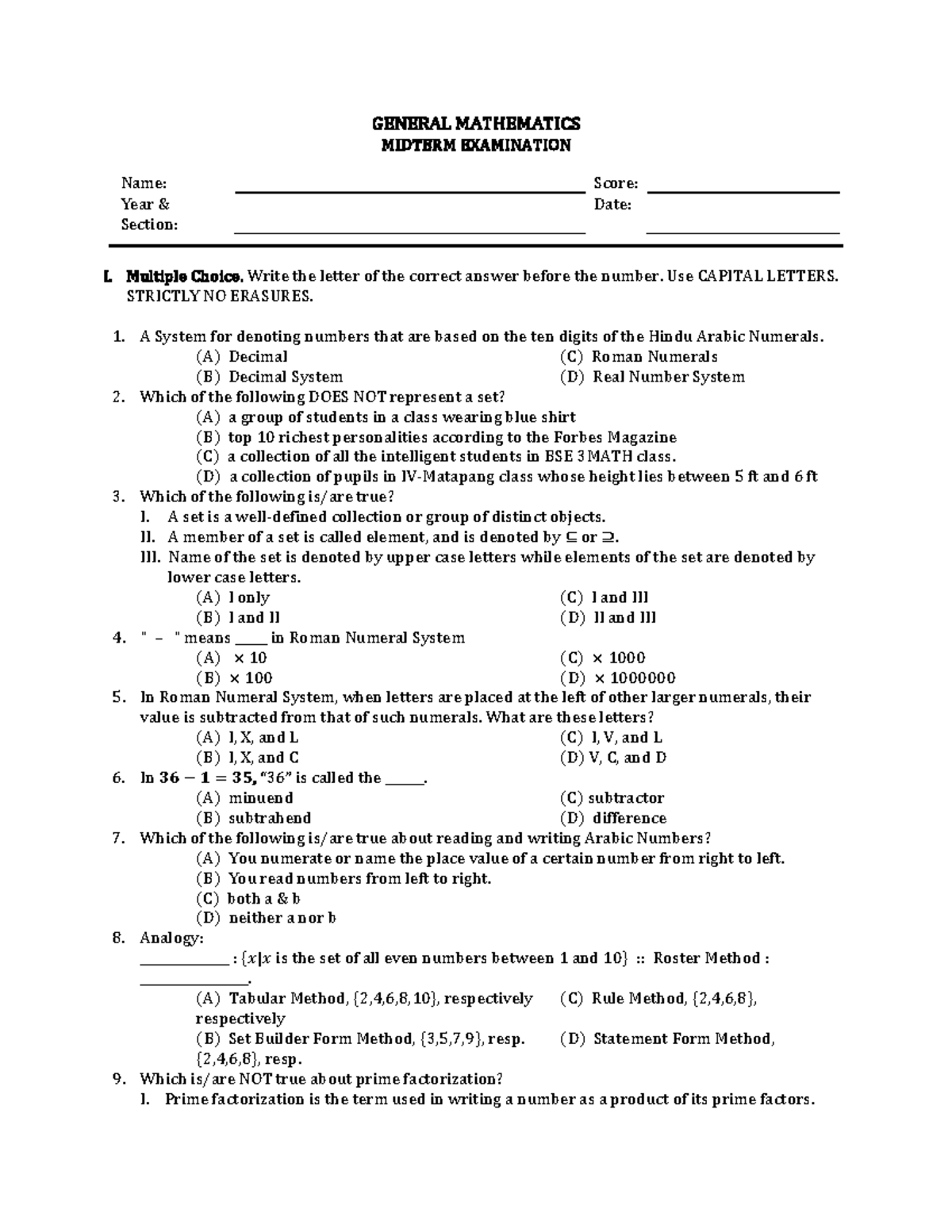 General Mathematics - GENERAL MATHEMATICS MIDTERM EXAMINATION Name ...