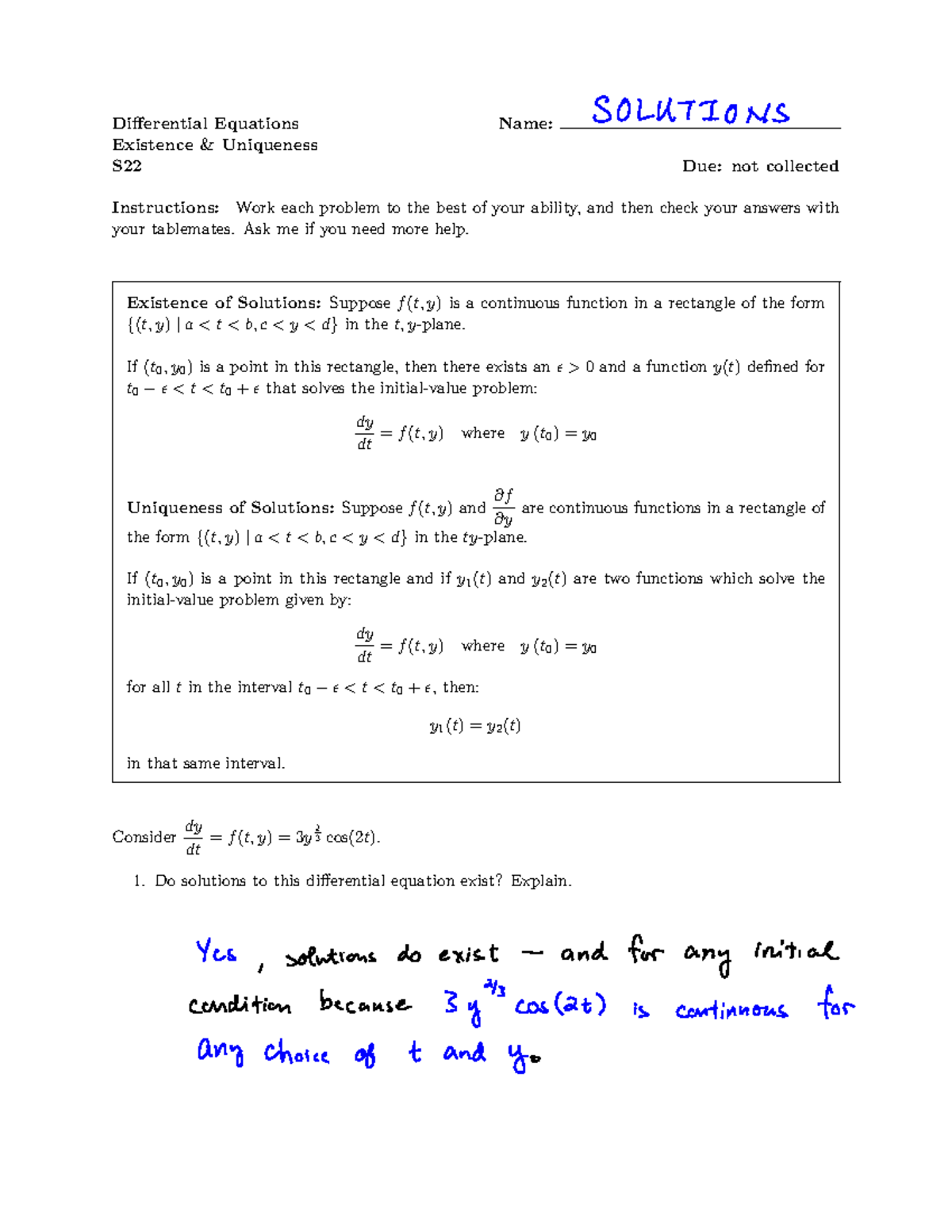 06 W1 Existence And Uniqueness Solutions Differential Equations Name Existence And Uniqueness