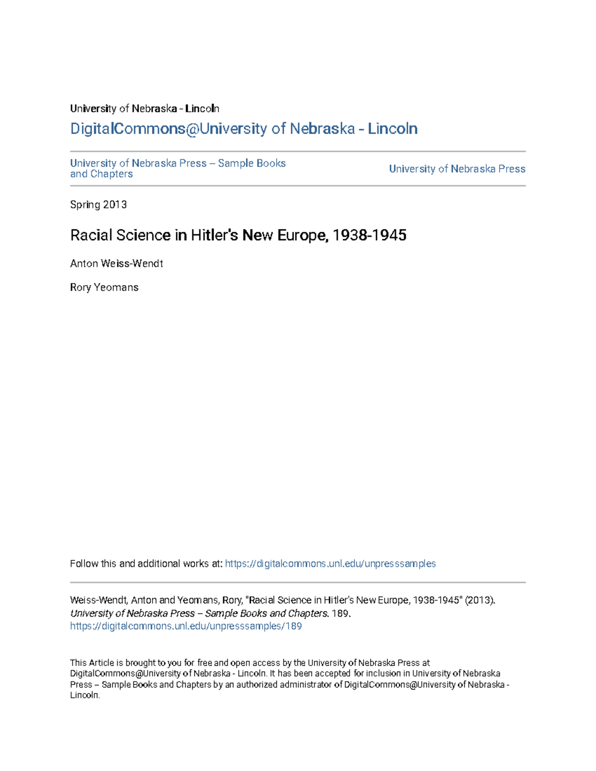 Racial Science in Hitlers New Europe 1938-1945 - University of Nebraska ...