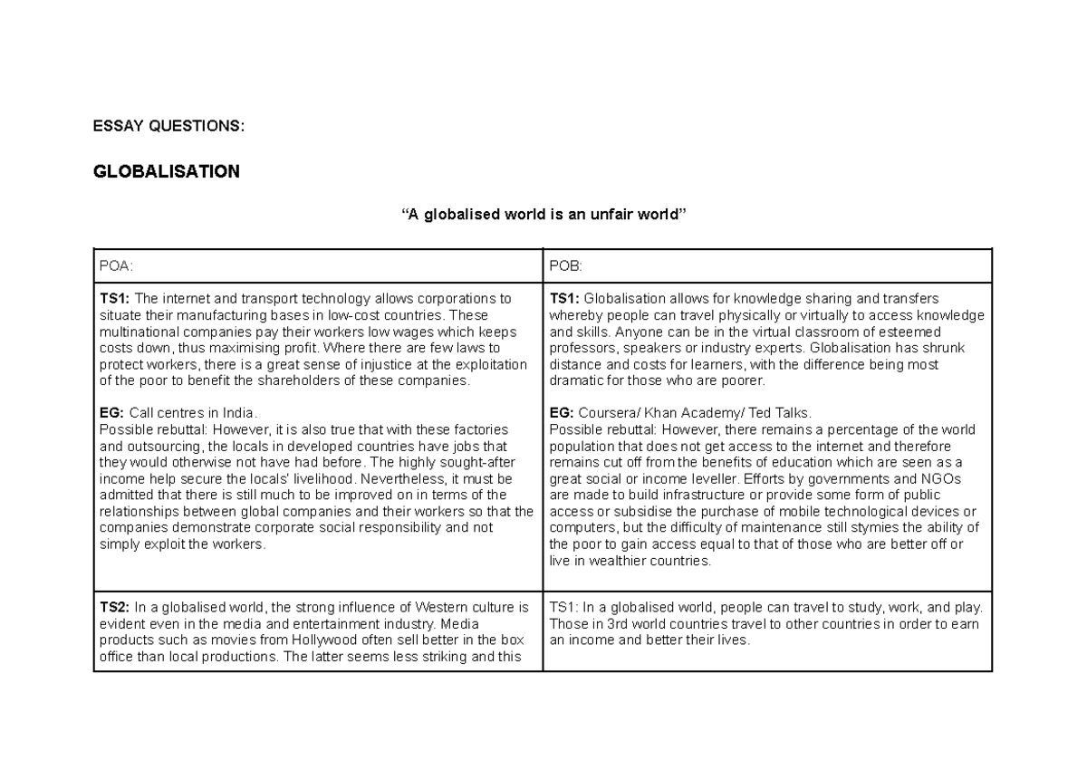 GP Example Essays - ESSAY QUESTIONS: GLOBALISATION “A globalised world ...