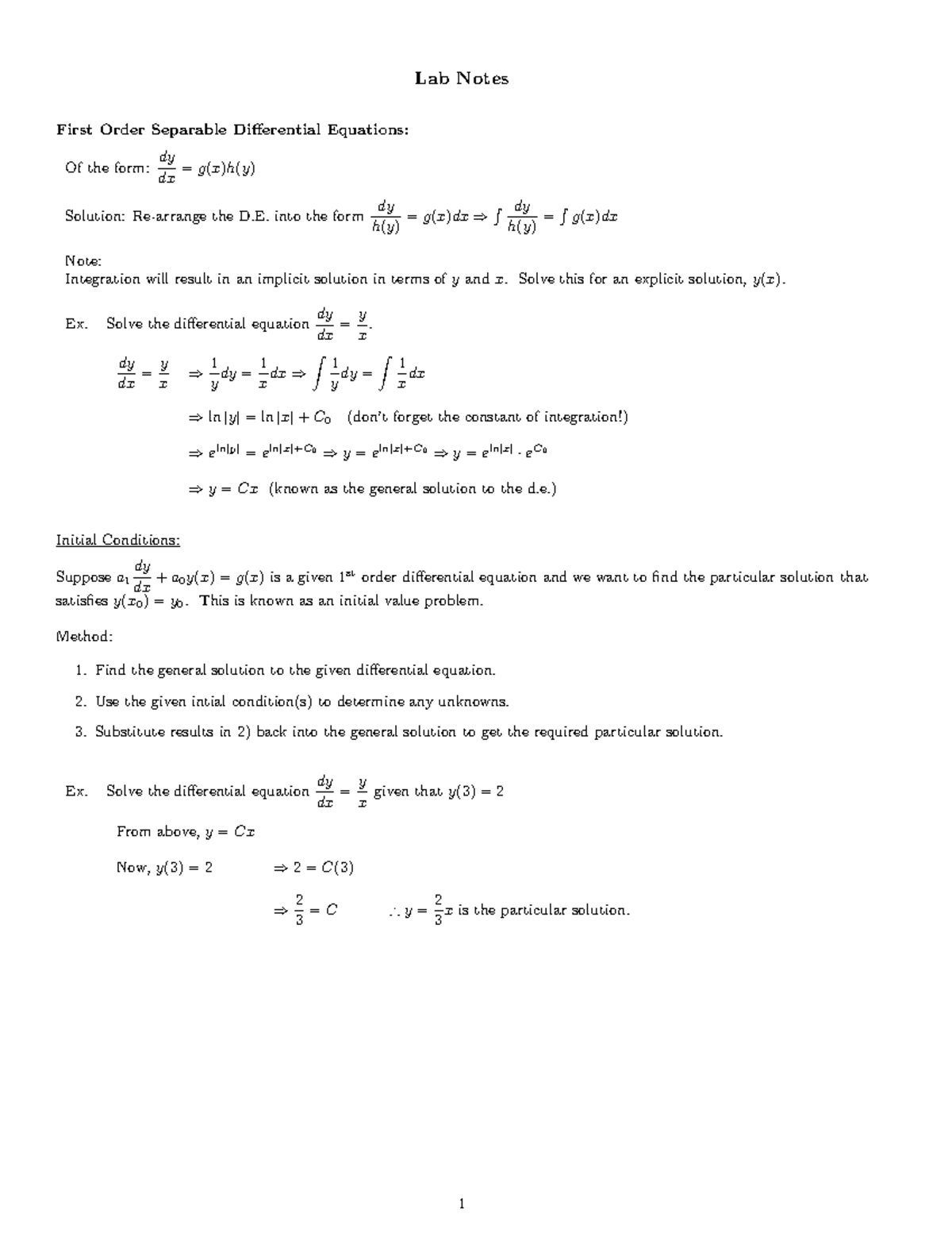 Lab 10 Notes - Lab Notes First Order Separable Differential Equations ...