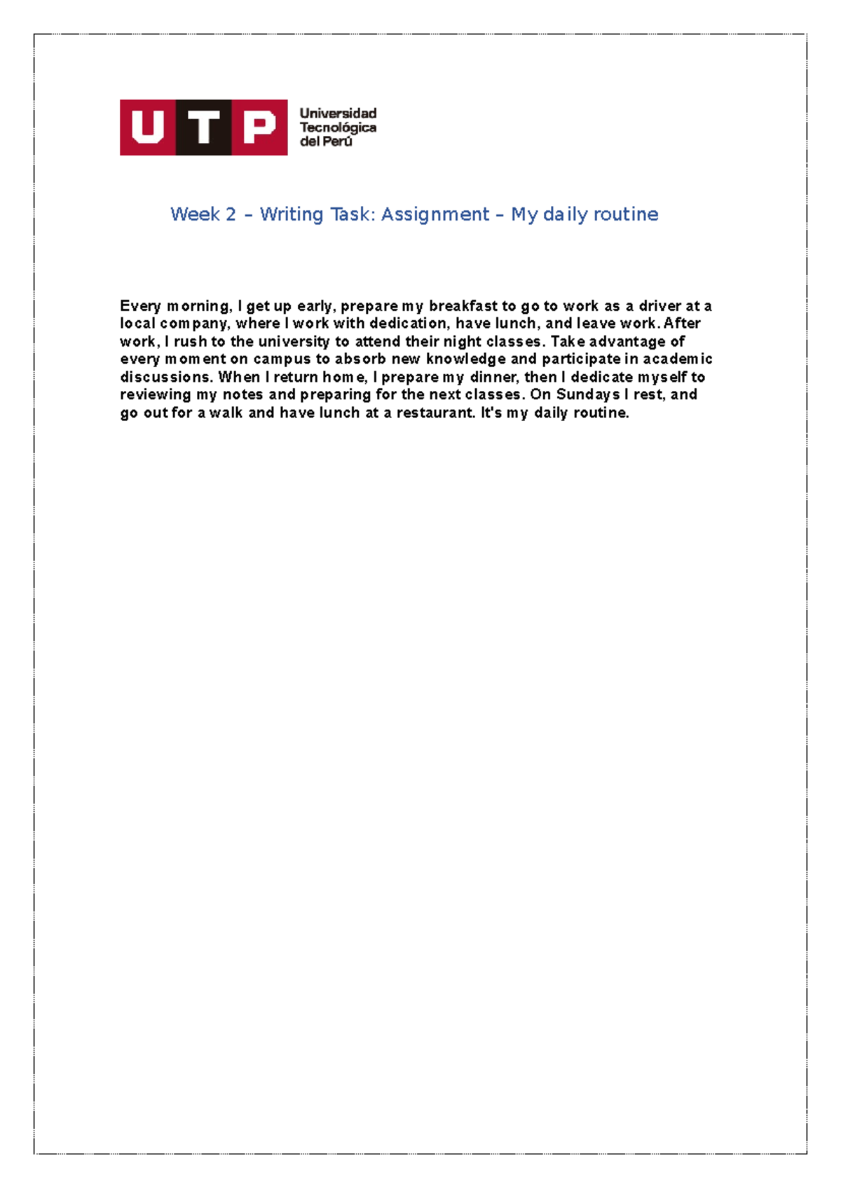 Week 2 Writing Task Assignment My Daily Routine Week 2 Writing Task Assignment My 