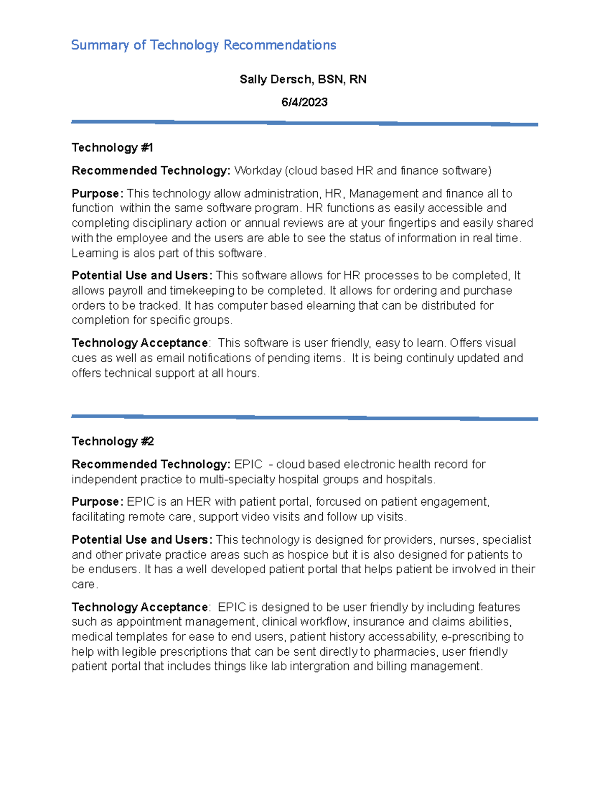 Technology Summary - Summary of Technology Recommendations Sally Dersch ...