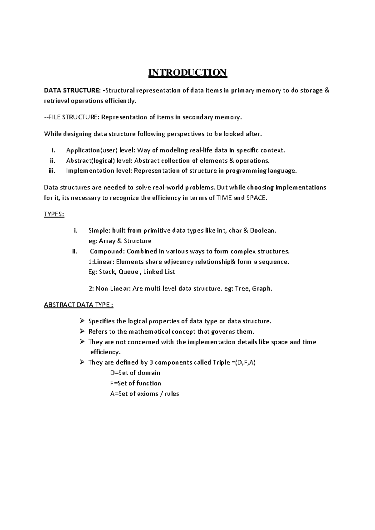 Data Structures Short Notes All Units - INTRODUCTION DATA STRUCTURE ...