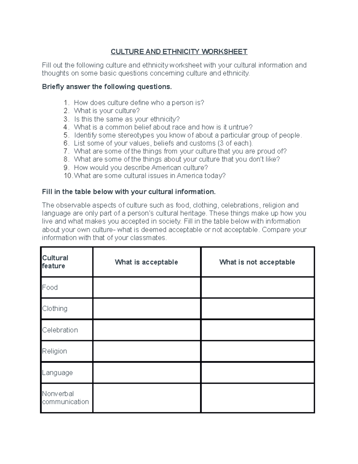 Culture Ethnicity Worksheet - CULTURE AND ETHNICITY WORKSHEET Fill out ...