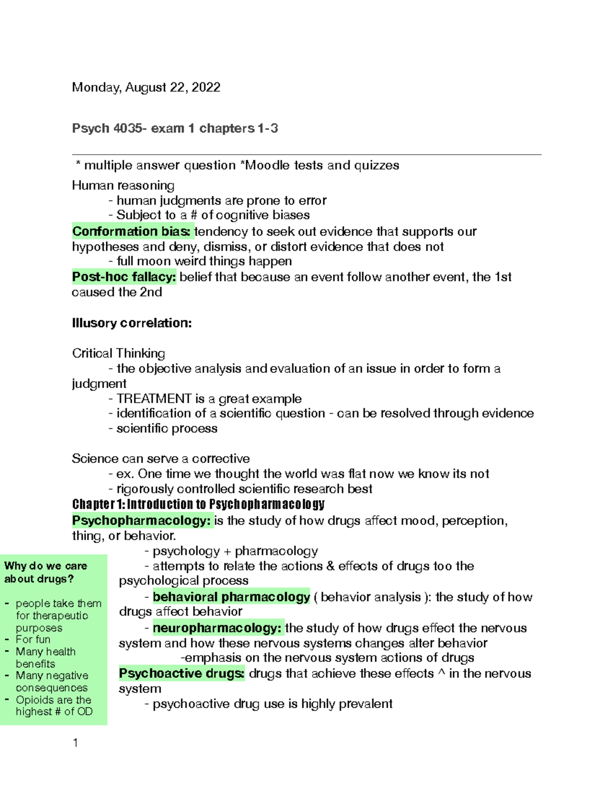 Psych 4035 exam 1 notes - Monday, August 22, 2022 Psych 4035- exam 1 ...