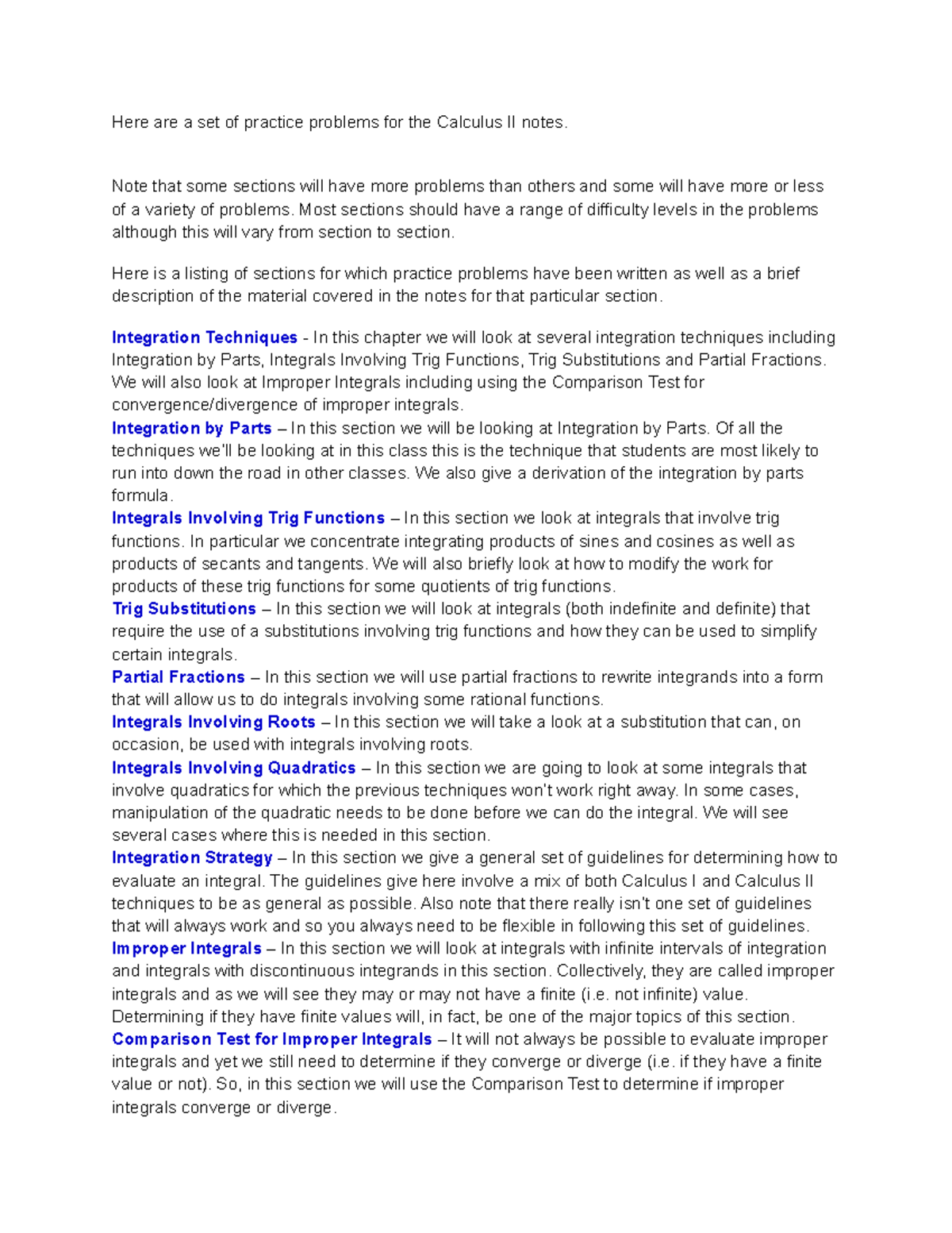 Calculus 2 Practice Problems - Here are a set of practice problems for ...