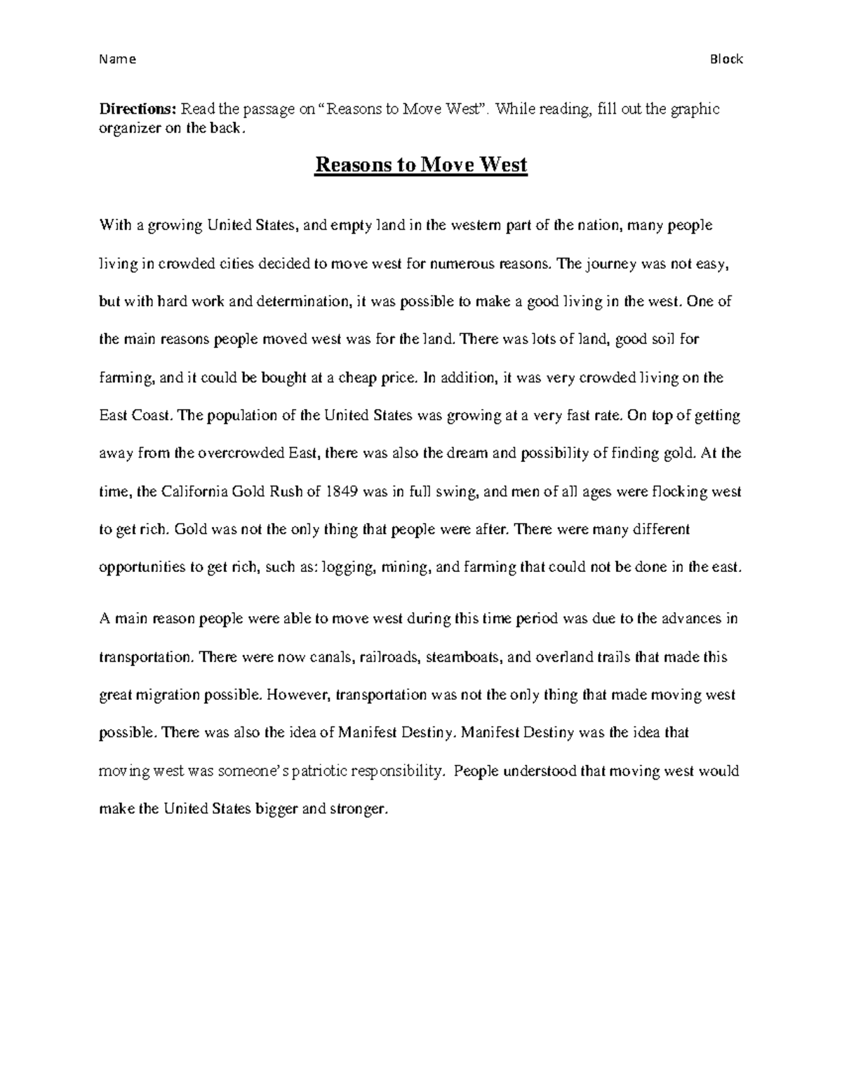 Why Move West Notes - Western Frontier - Name Block Directions: Read ...