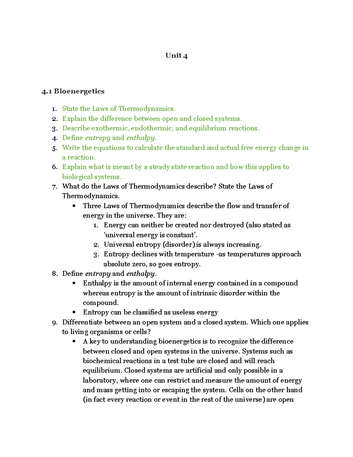 Unit 4 - BIOL401 - Athabasca - Unit 4 4 Bioenergetics State the Laws of ...