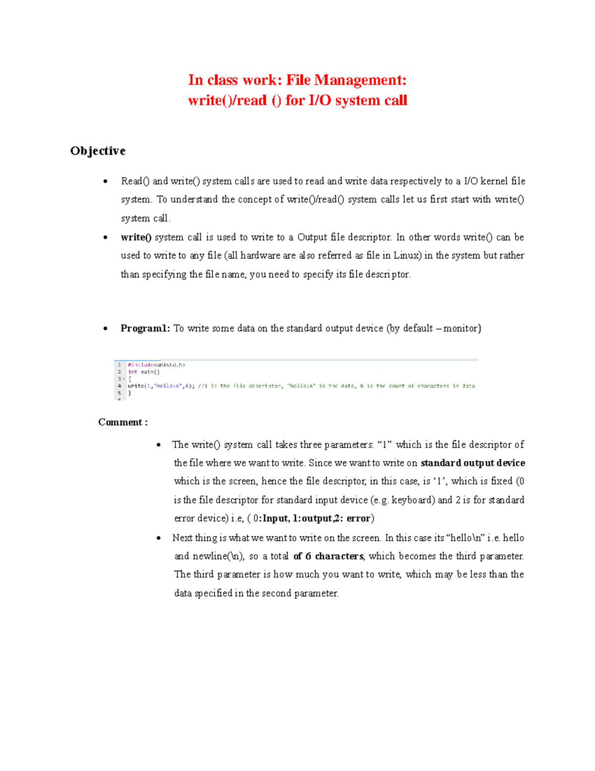 In class work Process manag - In class work: File Management: write ...