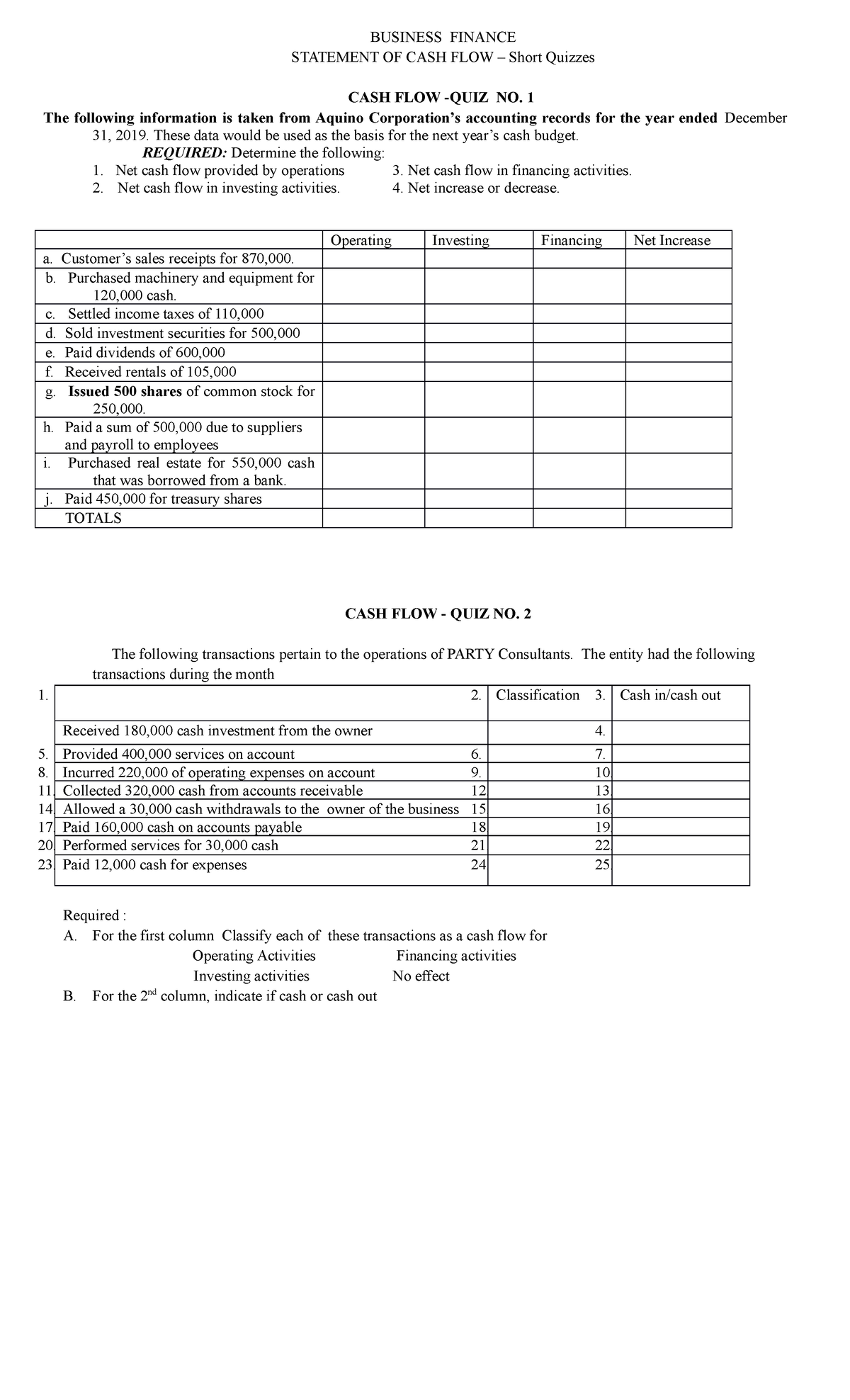 Statement of Cash Flow Quiz (Business Finance) - BUSINESS FINANCE ...