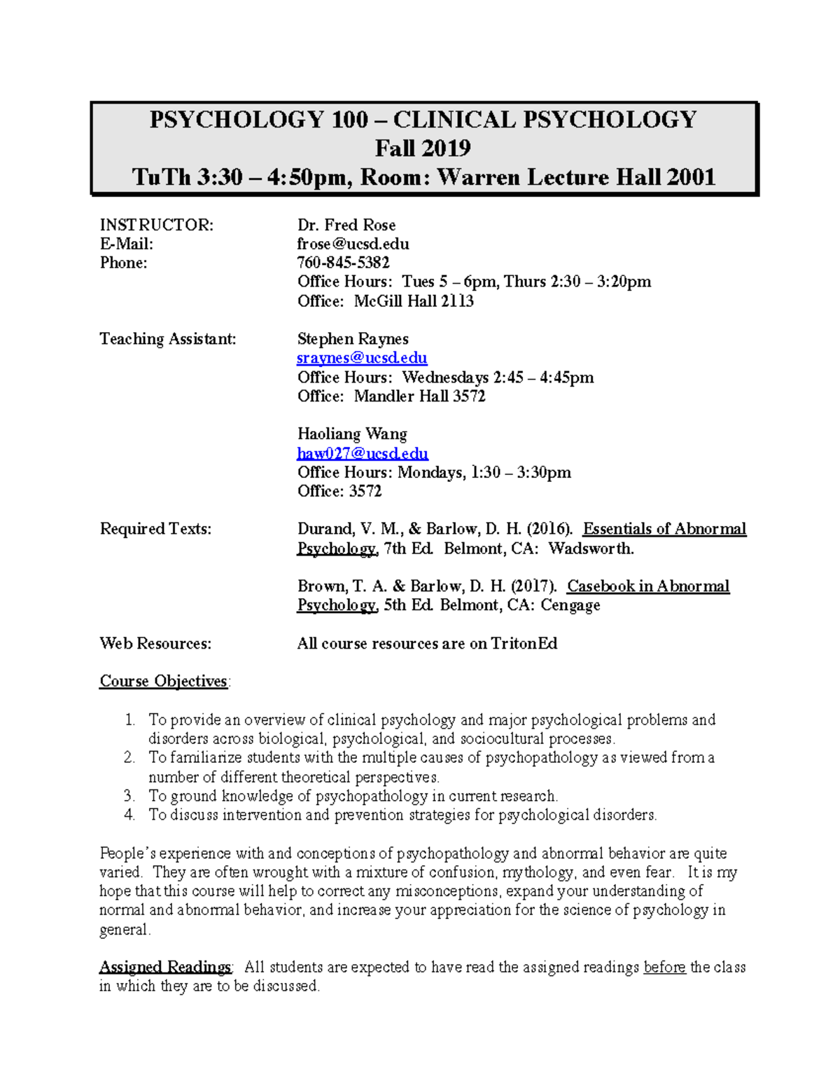 Psy100 syllabus f - PSYCHOLOGY 100 – CLINICAL PSYCHOLOGY Fall 2019 TuTh ...