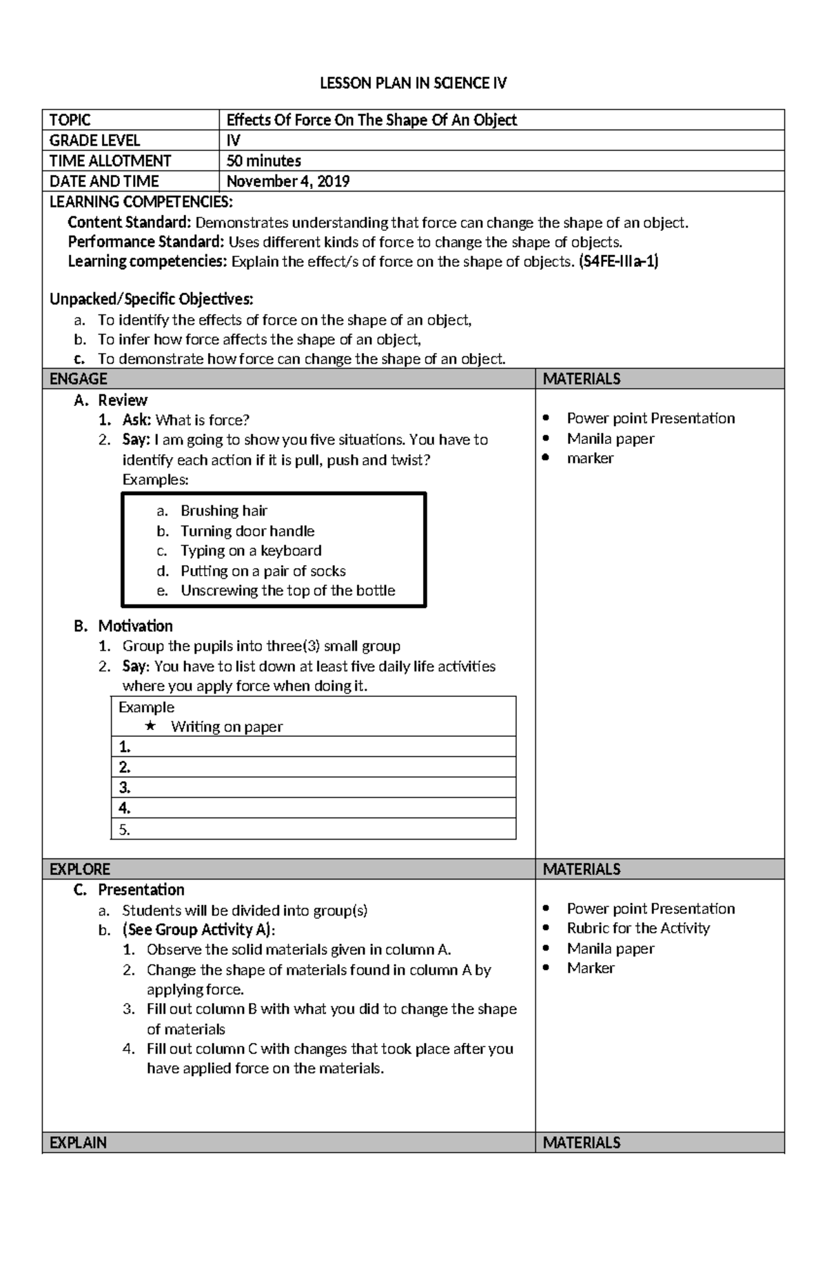 433369253 Effect of force on the shape of an object - LESSON PLAN IN ...