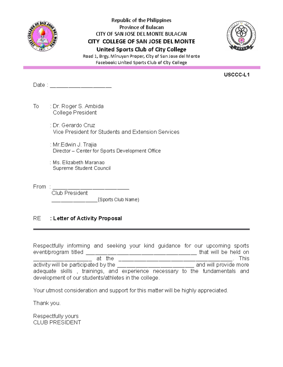 Usccc- Letters - Excuse Letter for tyrout - Province of Bulacan CITY OF ...