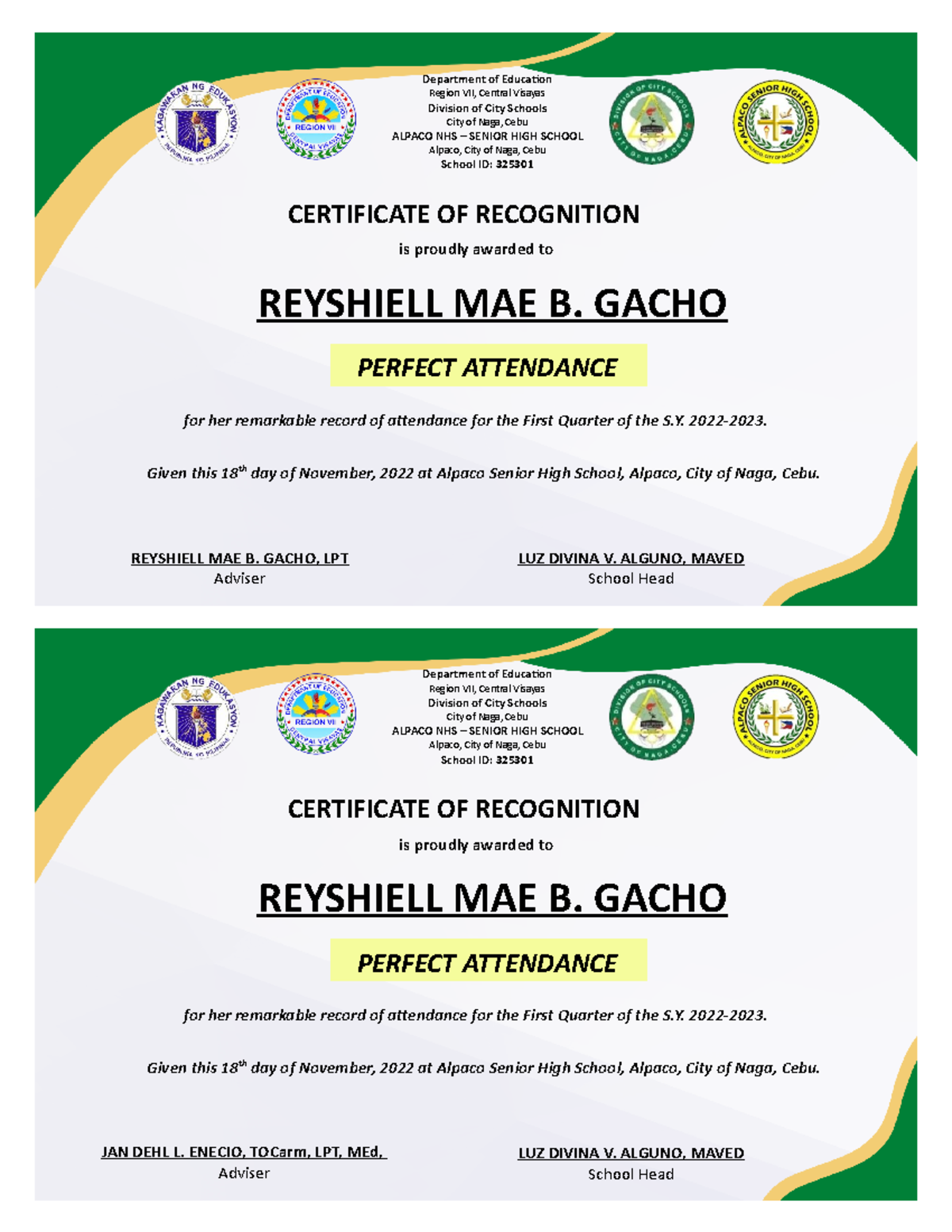 Perfect-attendancce - sample of aatendance - Department of Education ...