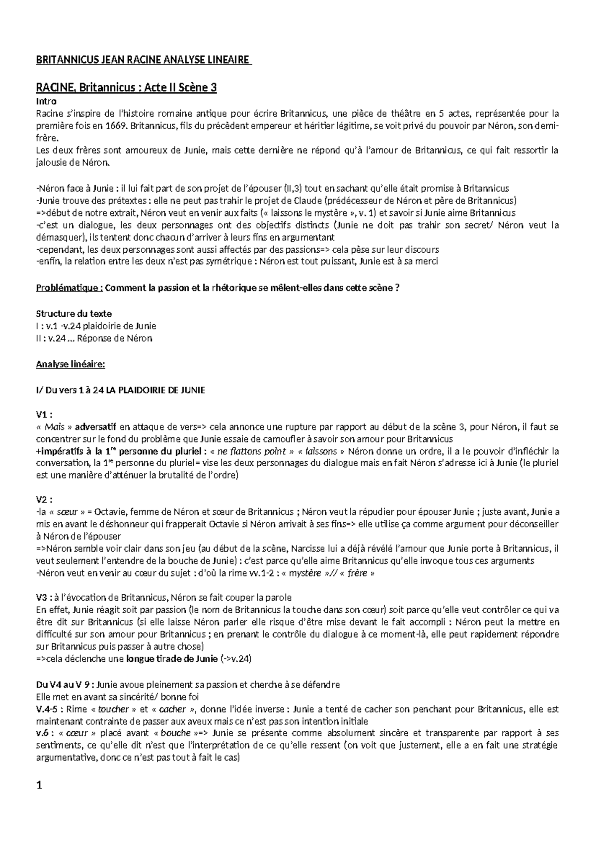 Britannicus acte II scène 3 - BRITANNICUS JEAN RACINE ANALYSE LINEAIRE ...