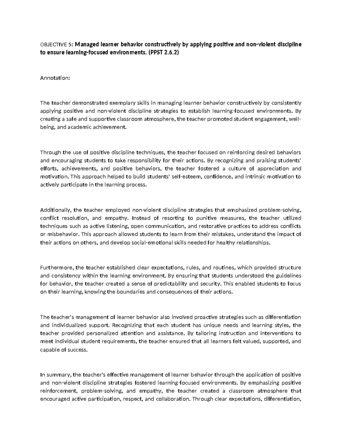 Objective 5 RPMS - OBJECTIVE 5: Managed learner behavior constructively ...