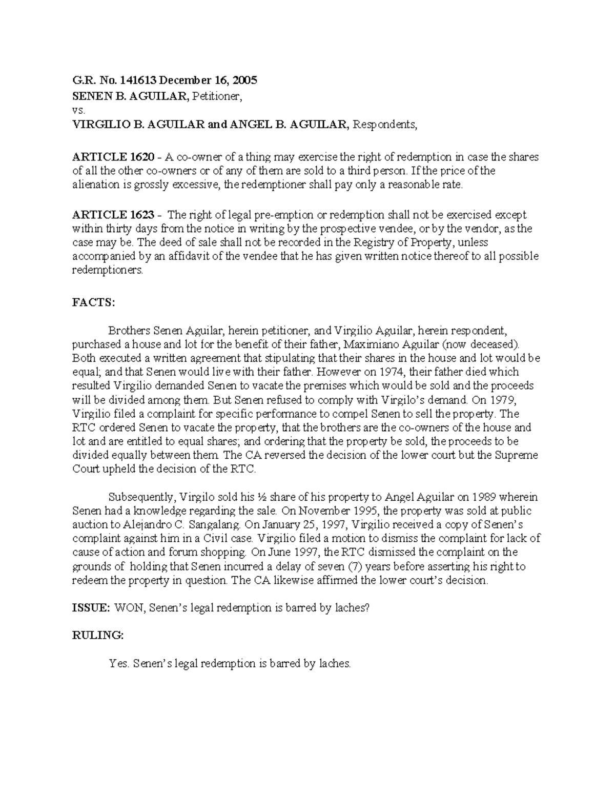 Aguilar VS Aguilar (SALES) - G. No. 141613 December 16, 2005 SENEN B ...