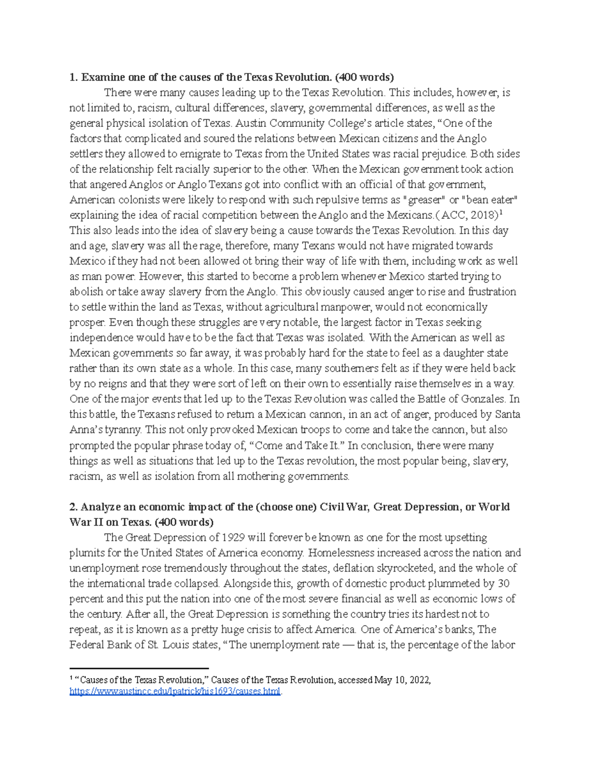 TX Gov - assignment - Examine one of the causes of the Texas Revolution ...