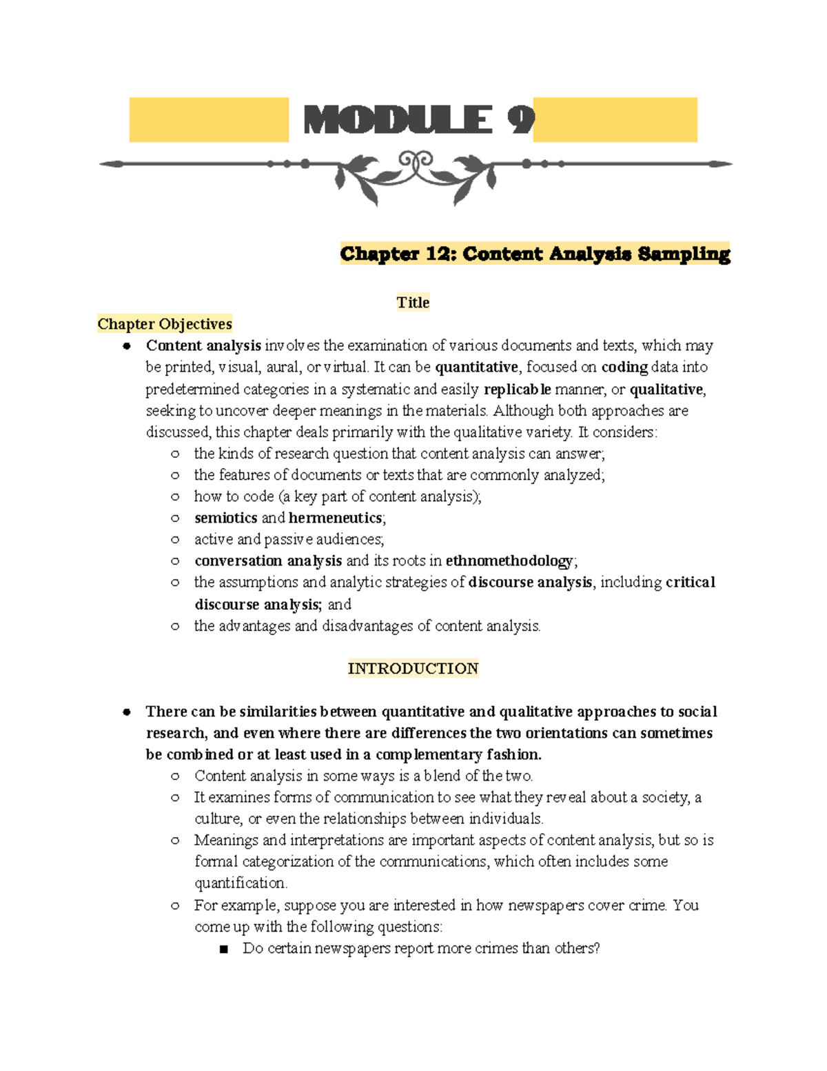 Module 9 - _ __ module 9___ _ Chapter 12: Content Analysis Sampling ...